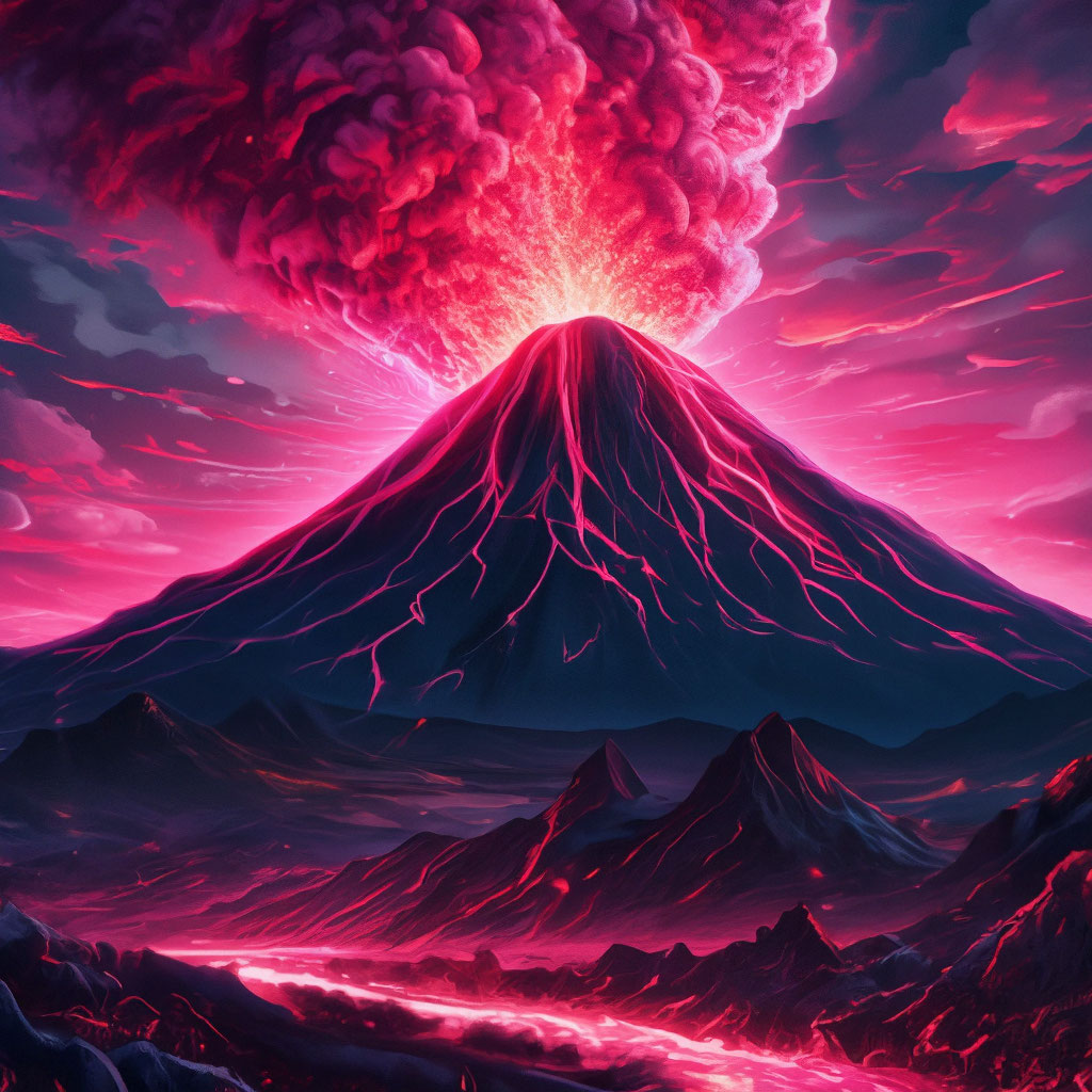 "🌋 erupting volcano, pink, night, stars, comic, lots of details, clear ...