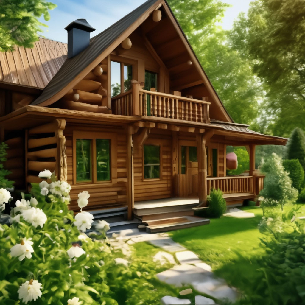 "Large log house made of wood, photorealism, attic, greenery in the ...