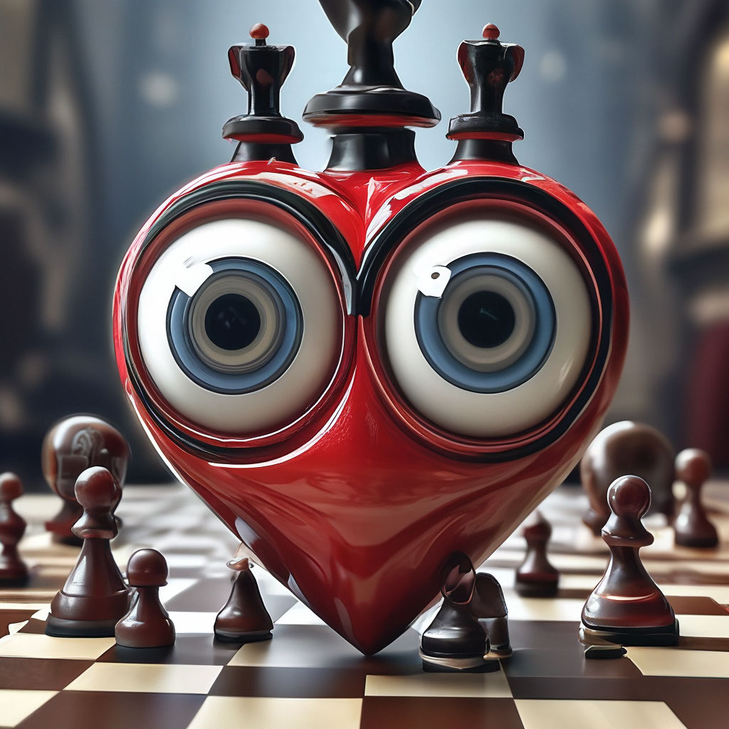 "Funny anthropomorphic chess heart, eyes+black+lenses+connected, light ...