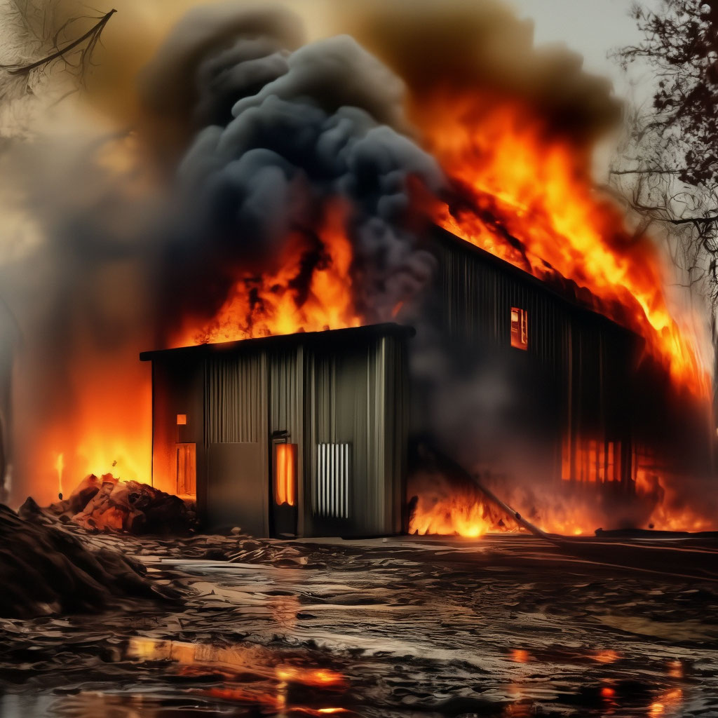 "Burning warehouse" — image created in Shedevrum