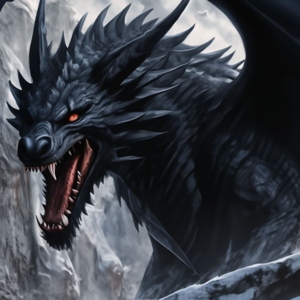 "A black dragon with wings, detailed,evil eyes, a hungry wolf's grin is ...
