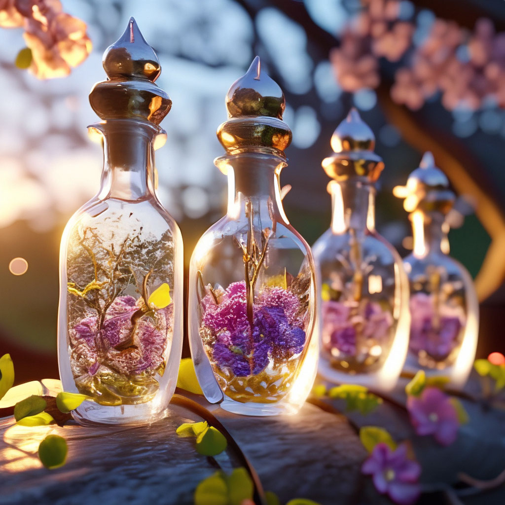 "Crystal bottles with magic potions with crystals on the stoppers hang ...