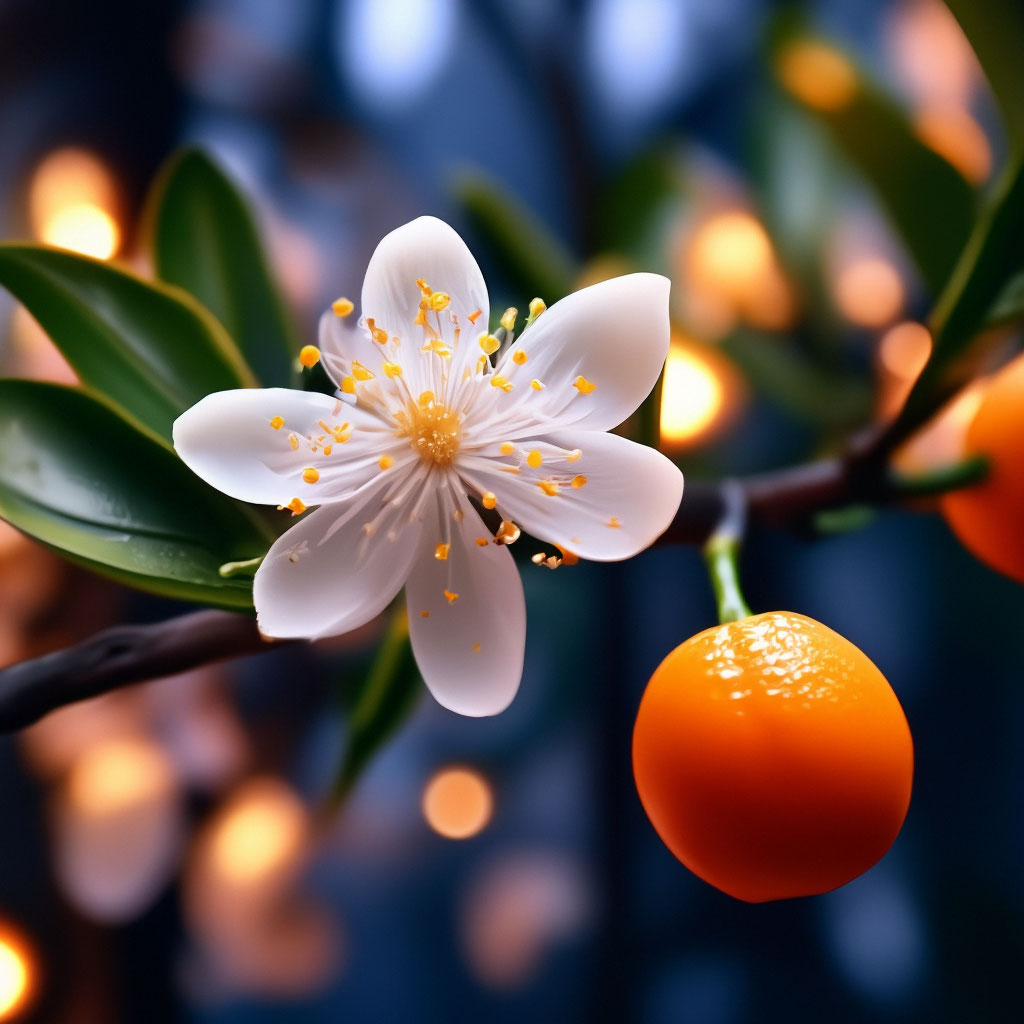 "A blooming tangerine branch with fruits and flowers, bright night ...