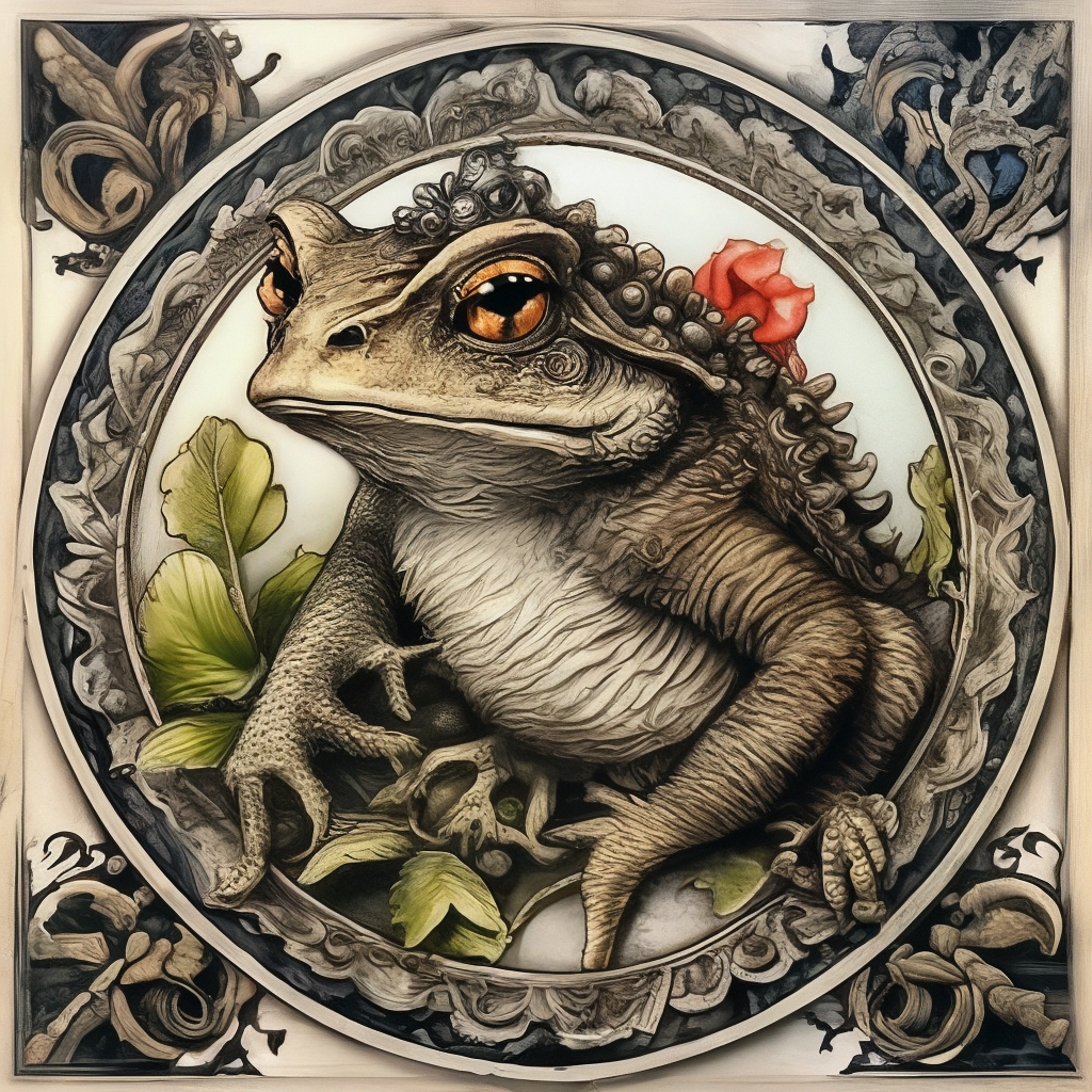 "Tile thin frame ancient scroll dwarf toad in Brueghel style Detailed ...
