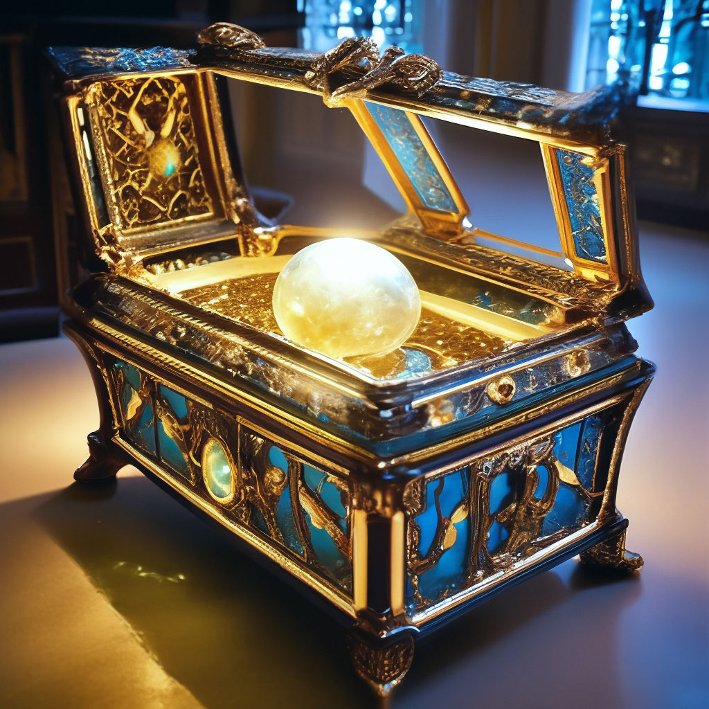 "In a beautiful open antique casket on a velvet cushion lies one huge ...