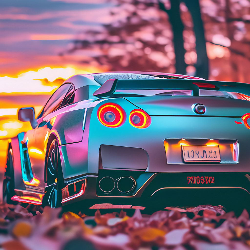 "Nissan skyline GT-R r35 mint color leaves into the sunset, rear view ...