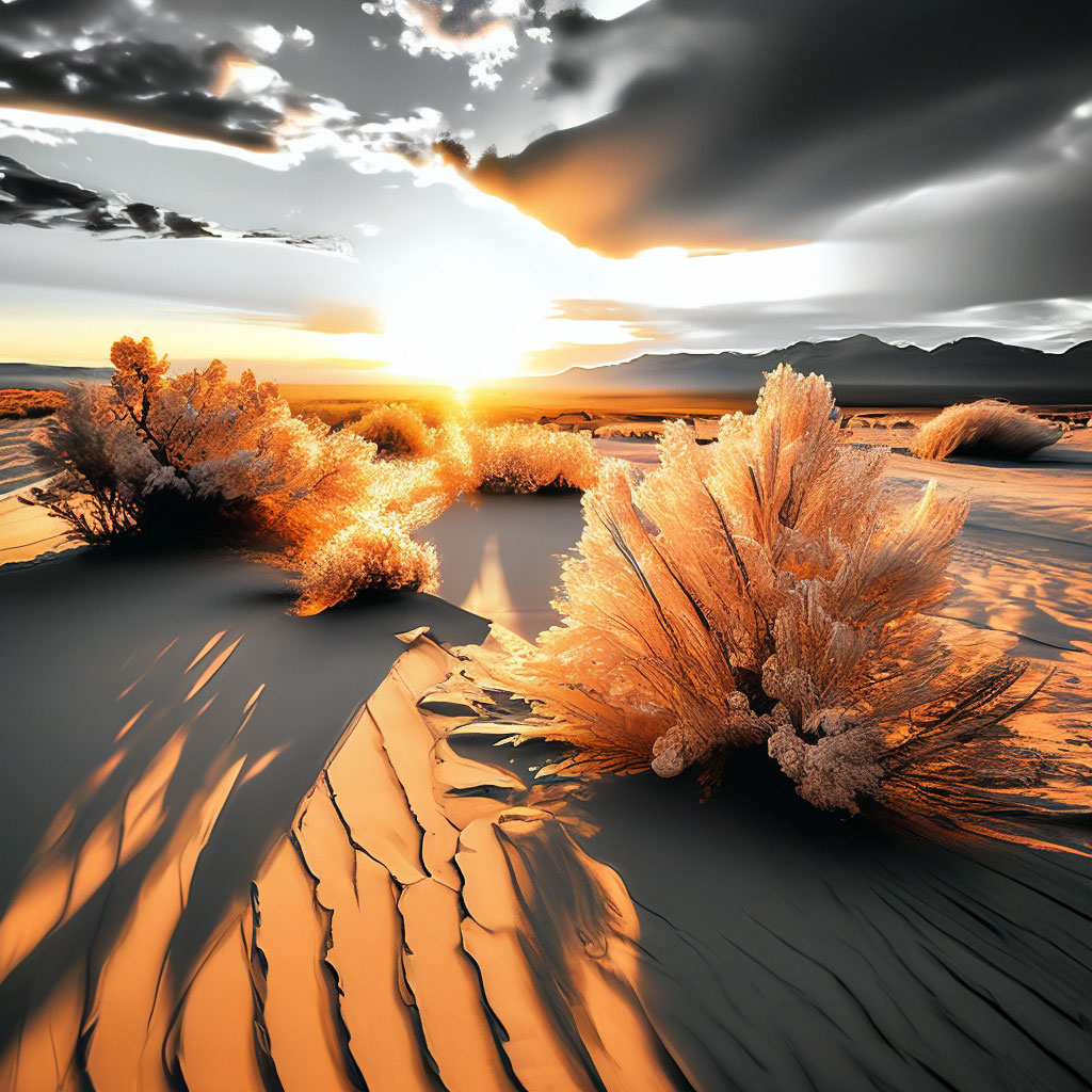 "Steppe, tumbleweed, sand, storm, bright sun, sunset, depth, 3D ...