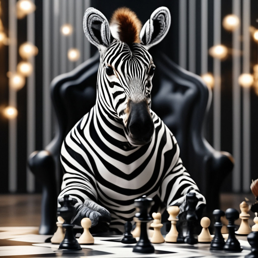"In a black-and-white room, a zebra sits on a chair cross-legged and ...