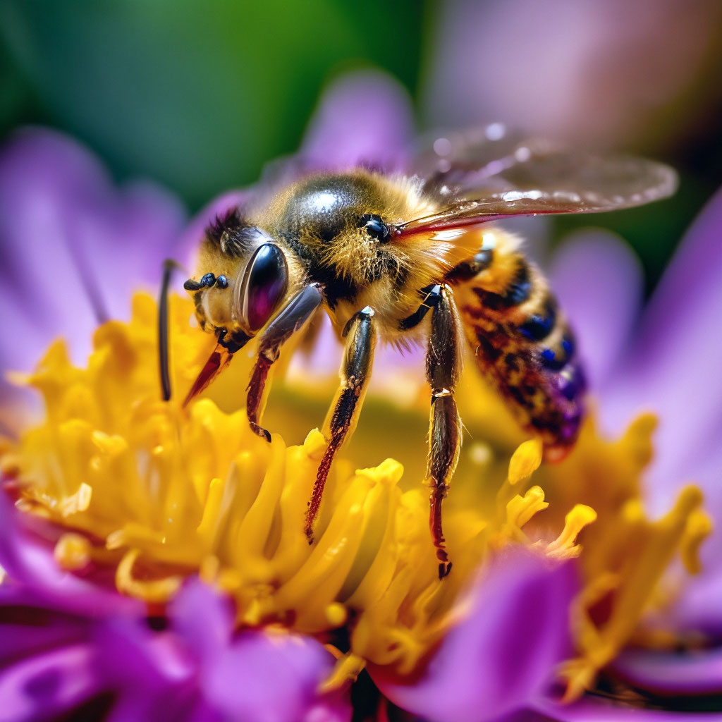 "A bee on a flower macro photography" — image created in Shedevrum