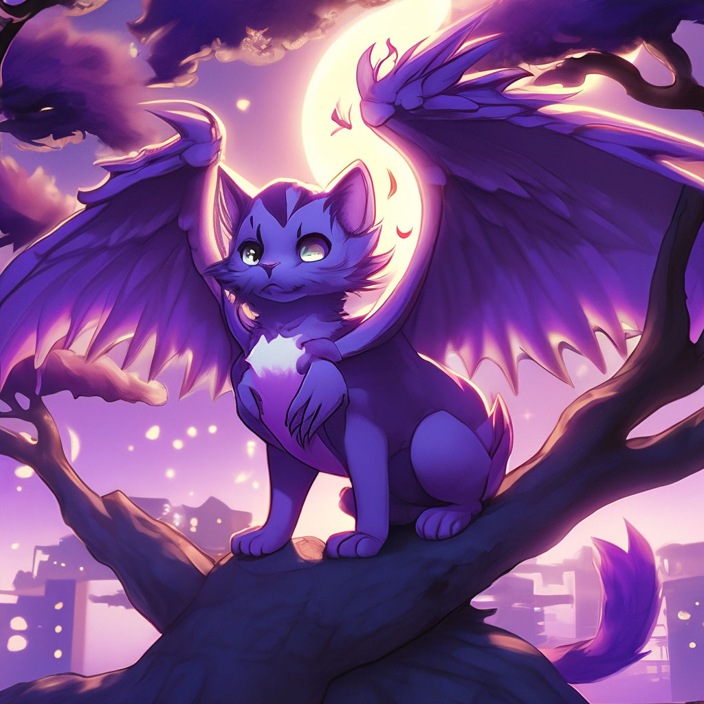 "A purple anime-style dragon cat with dragon wings conjures in a purple ...