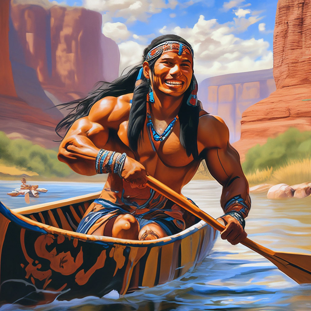 "Muscular indian paddling a canoe,brutal smile,calm colorado river ...