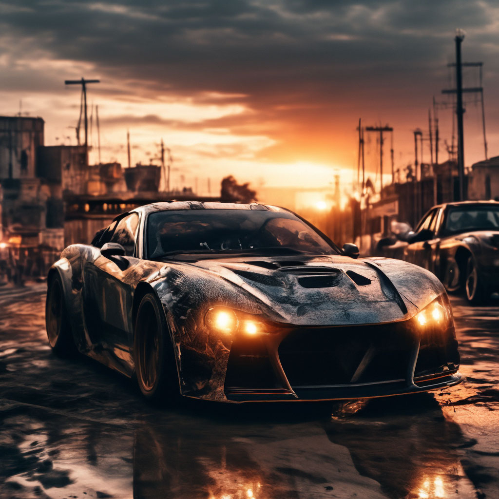"Zombie apocalypse, sports car, sunset, 4k" — image created in Shedevrum