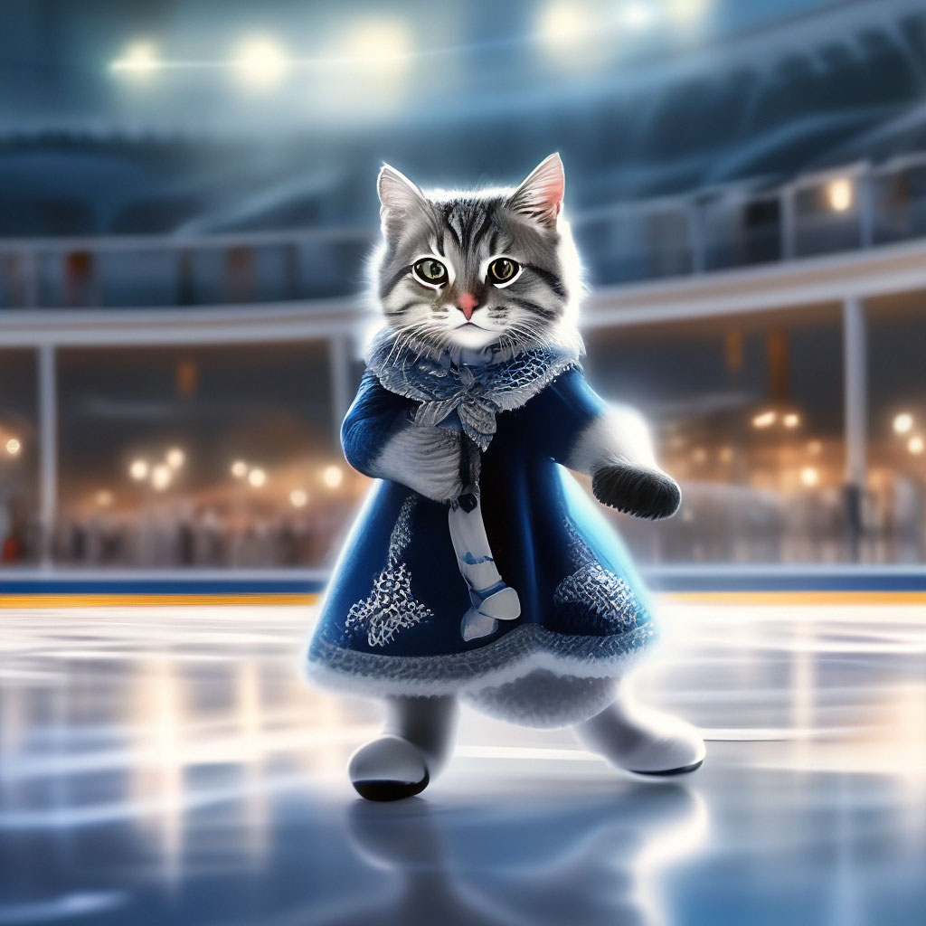 "Cat skating on the ice performance, in a chic dress, photorealism 32k ...