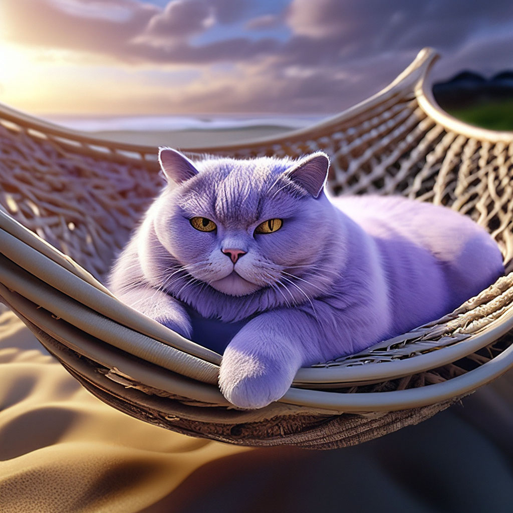 "Fat lilac cat in a wicker hammock on the beach, realistic, high ...