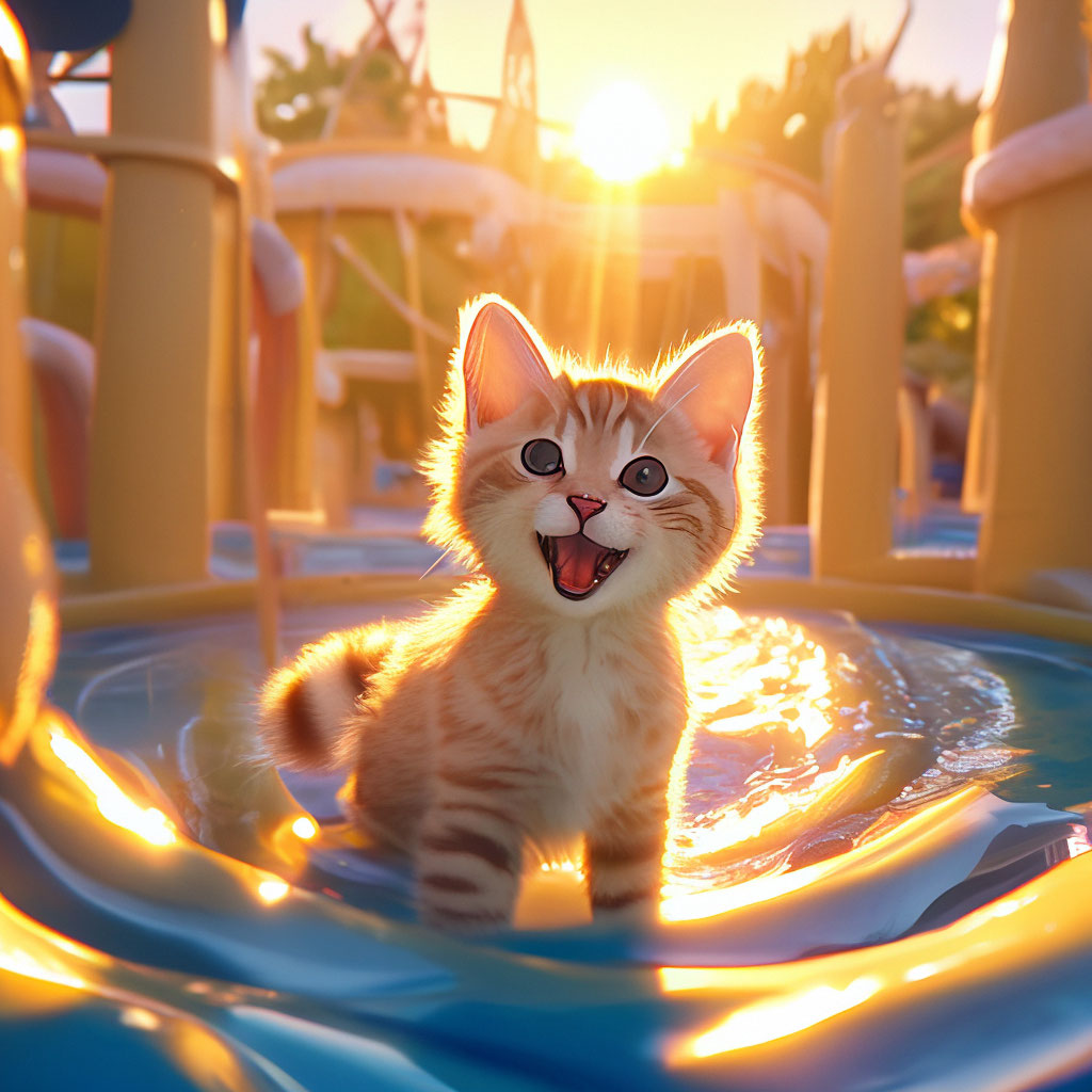 "A light beige kitten in a water park in a water maze is smiling ...