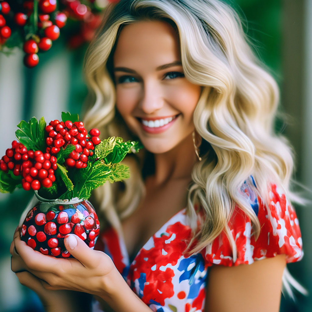 "July girl, with wavy blonde hair, smiling, in a bright dress, holding ...