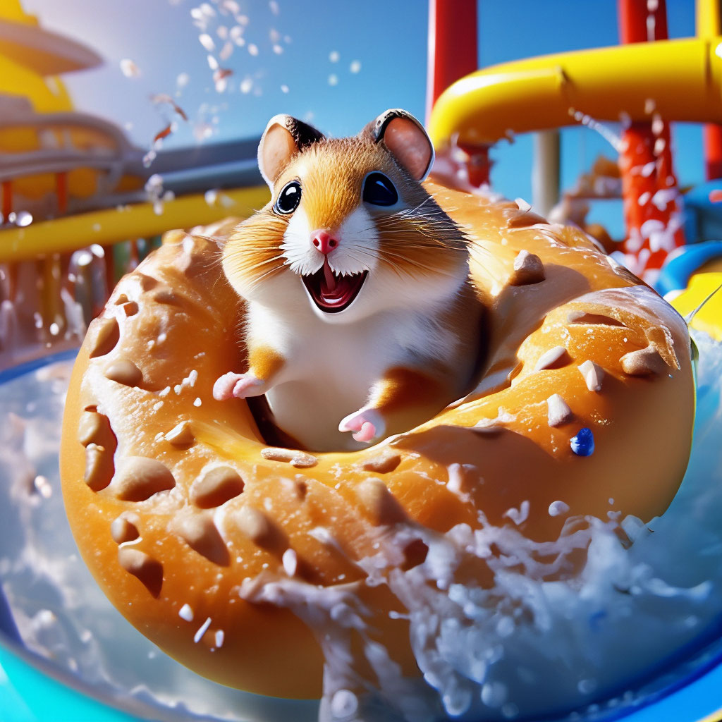 "High slides of the water park, hamster rolling on a bagel from the top ...