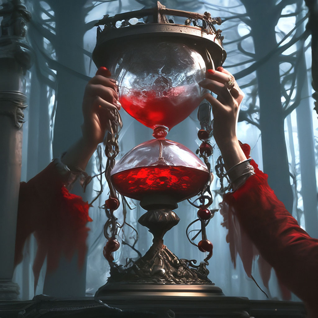 "Beautiful Gothic huge hourglass in the interior of them red water in ...