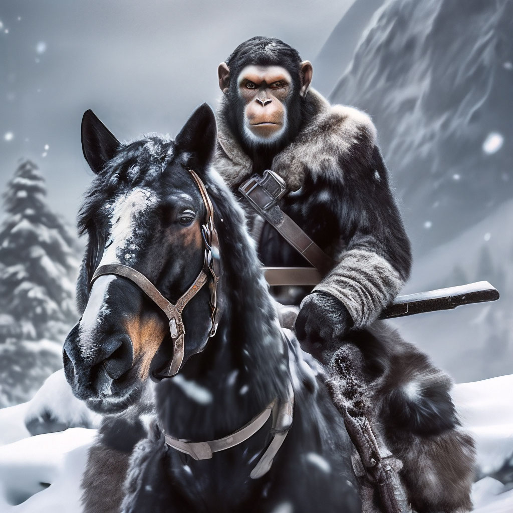 "Black monkey from the movie Planet of the Apes,on a black horse,a gun ...