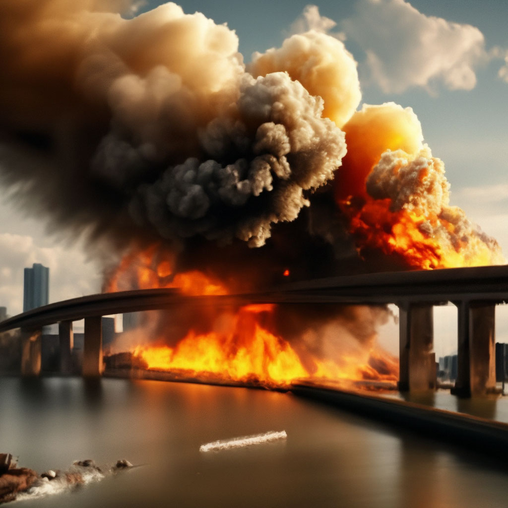 "Bridge explosion. Smoke screen, fire flame, epic, scary, epic ...
