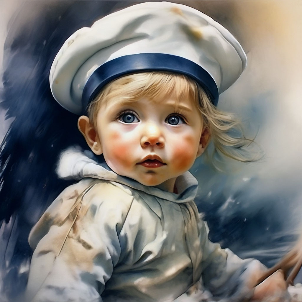"Baby sailor, delicate watercolor, photorealism, photo painting ...