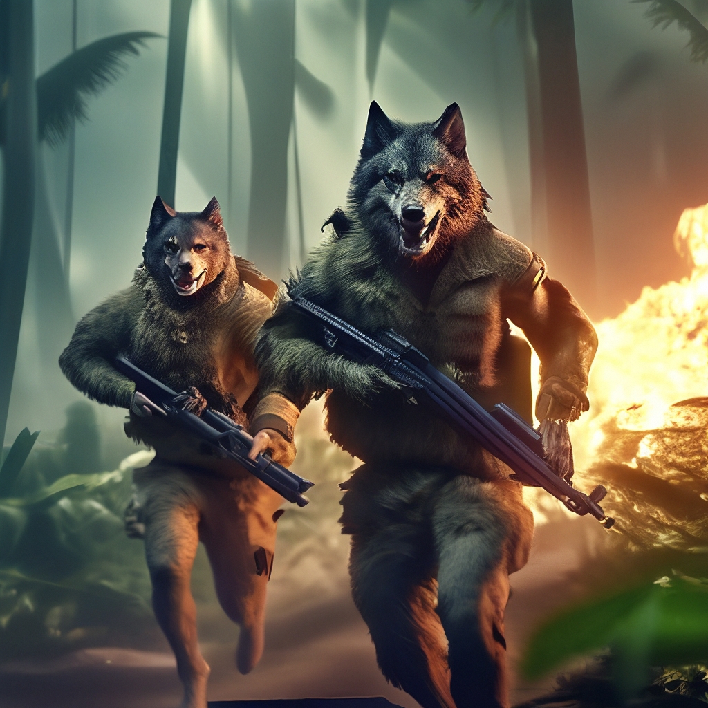 "Two werewolves in USA uniforms: the first is running, the second is in ...
