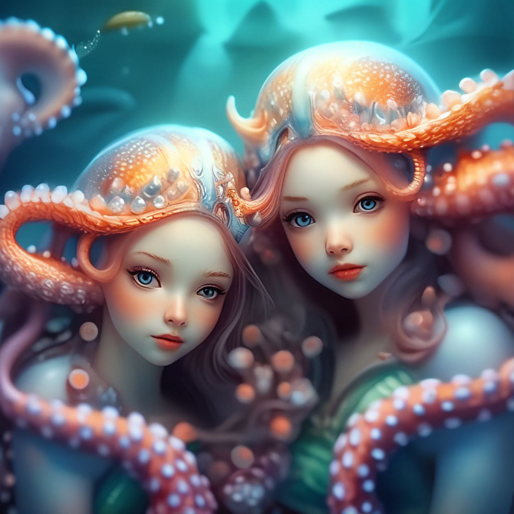 "Two fantasy mermaids, twins, cute mini octopuses around , high ...