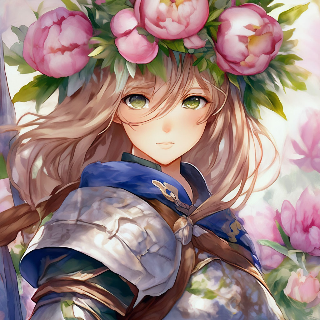 "Warrior girl, anime, peonies, narcissus, wreath, archer, watercolor ...