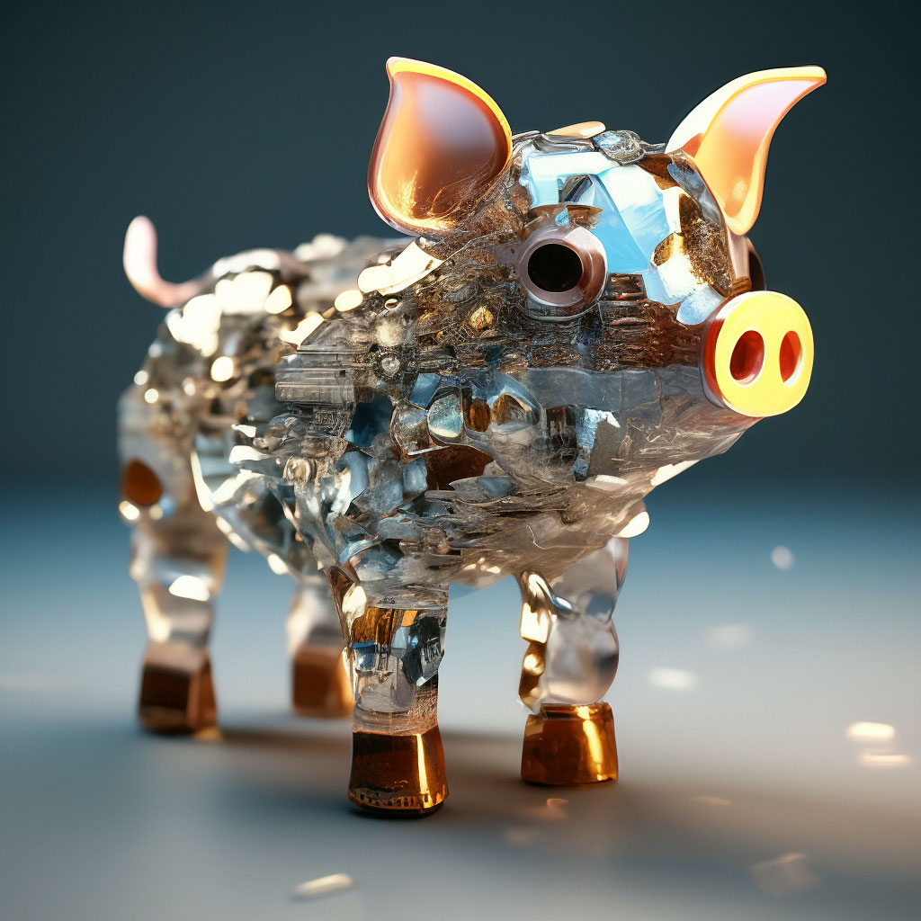 "Realistic 3D model of a cute piglet made of glass fragments, bright ...