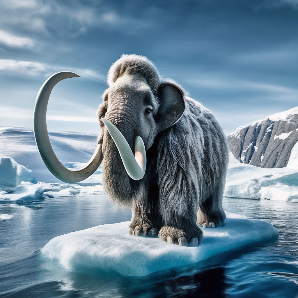 "A cute shaggy gray mammoth is floating on an ice floe and singing a ...