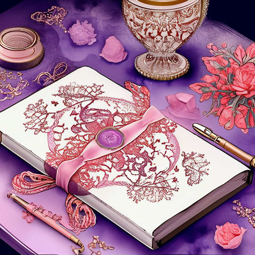 "Notepad for notes, inkwell and pen, diagonal view, ornament, 2d ...