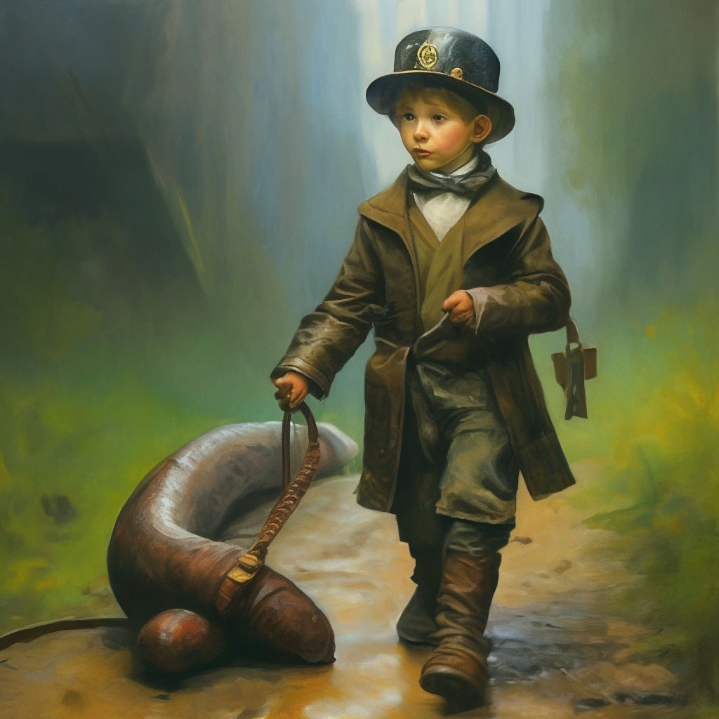 "A boy walks an earthworm on a leash, oil painting, high detail ...