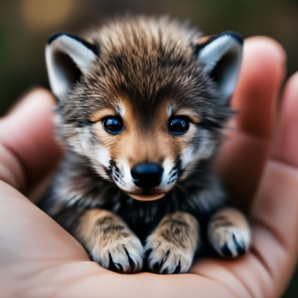 "Microcosm, cute little wolf cub sitting in the palm of your hand ...