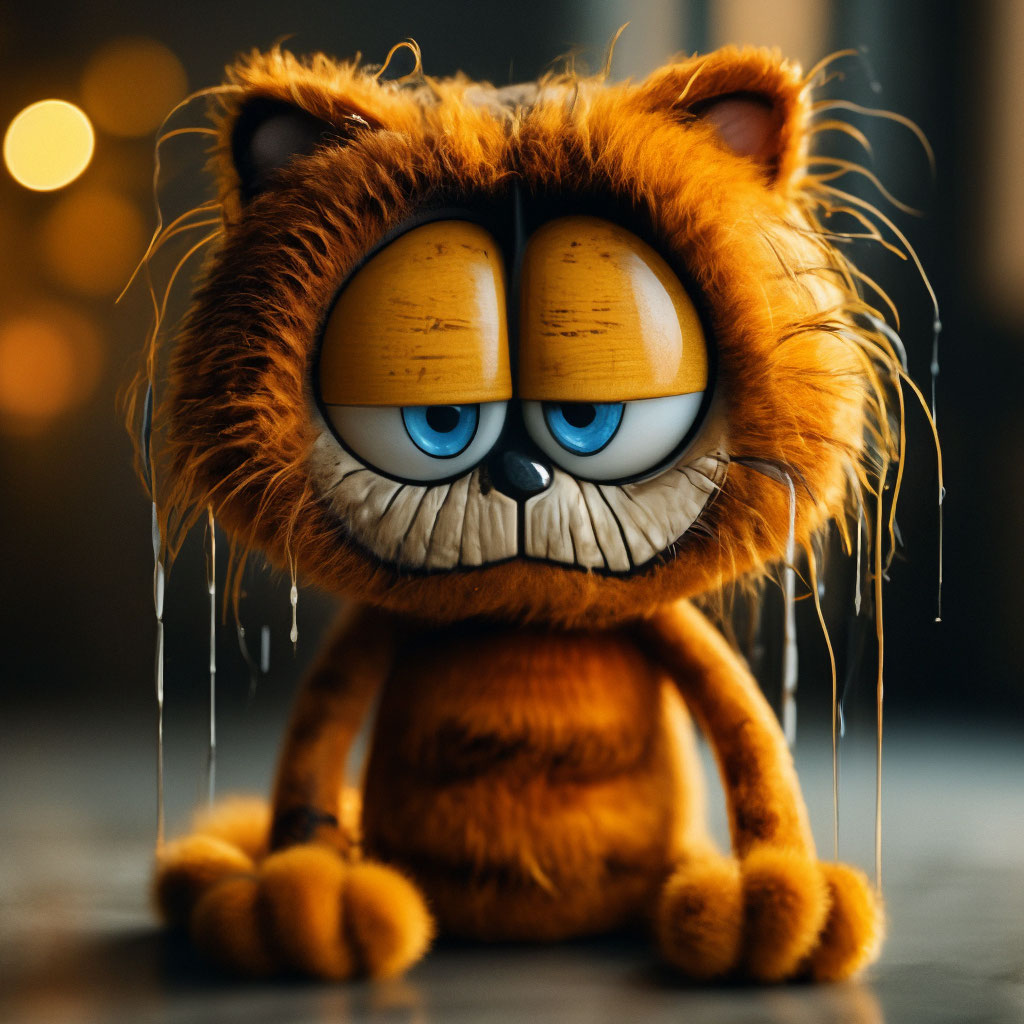 "Garfeld in the style of tim burton, puppet, tears, hyperrealistic, complex details, 4k ...