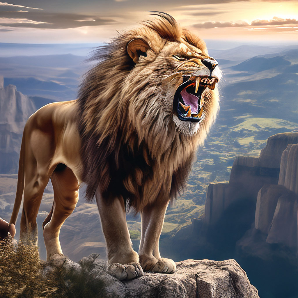 "Hyper realistic,128k, beautiful formidable lion, standing on the edge ...