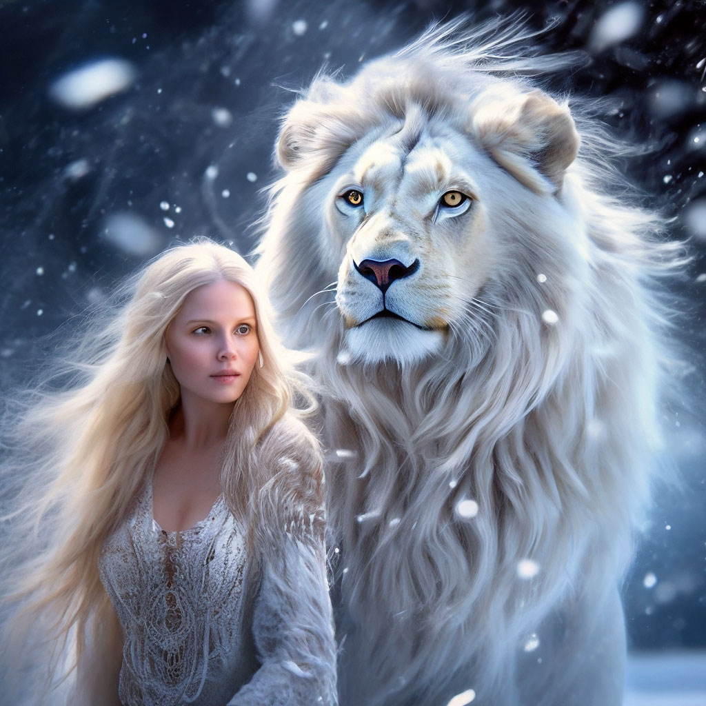 "Hyperrealism, incredibly beautiful virgo and a huge white lion, x-ray ...