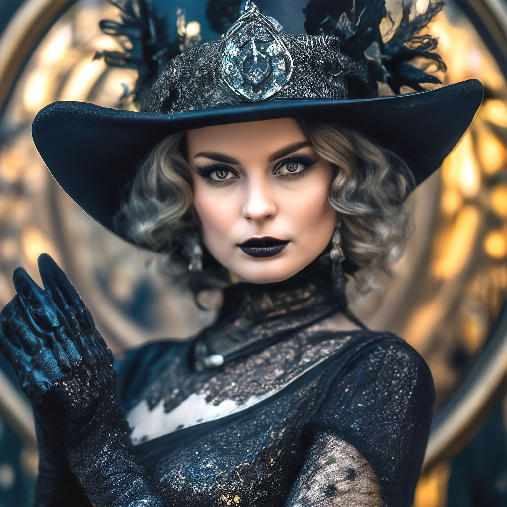 "A vamp woman in a hat and makeup, gloves and a black dress with ...