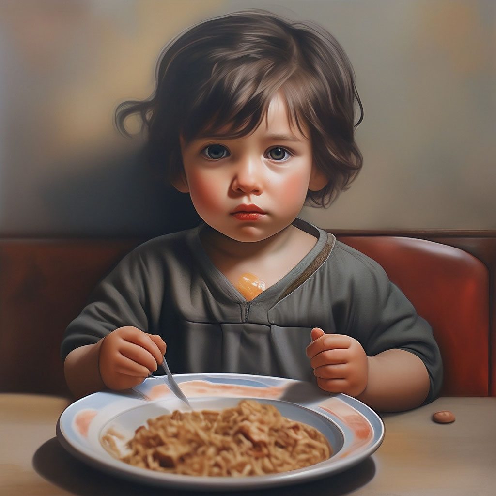 "Realistic picture of a hungry child" — image created in Shedevrum