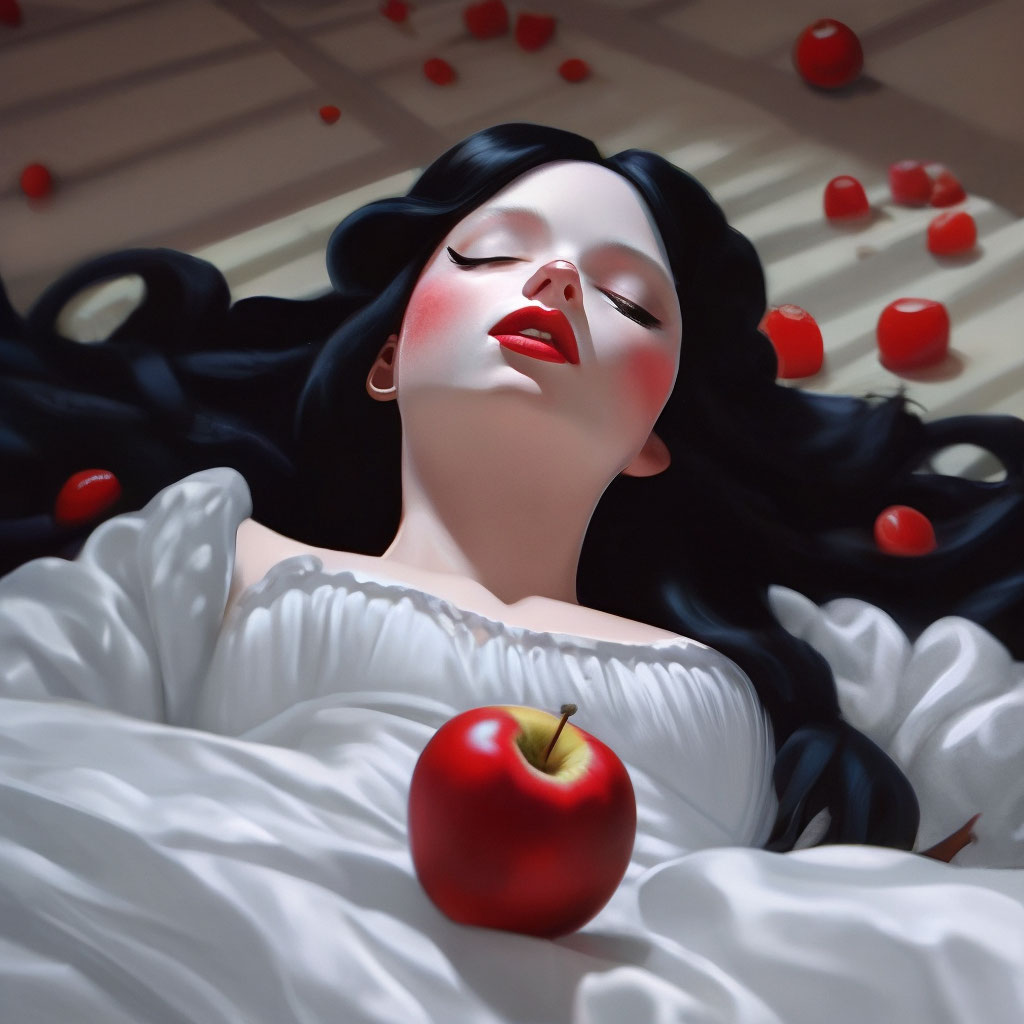 "Snow White is lying on the floor with an apple in her hand, eyes ...