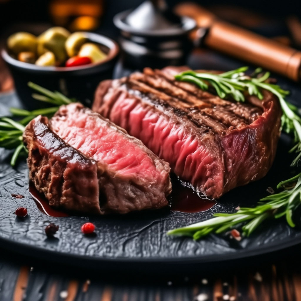 "Very tasty medium-rare beef steak" — image created in Shedevrum