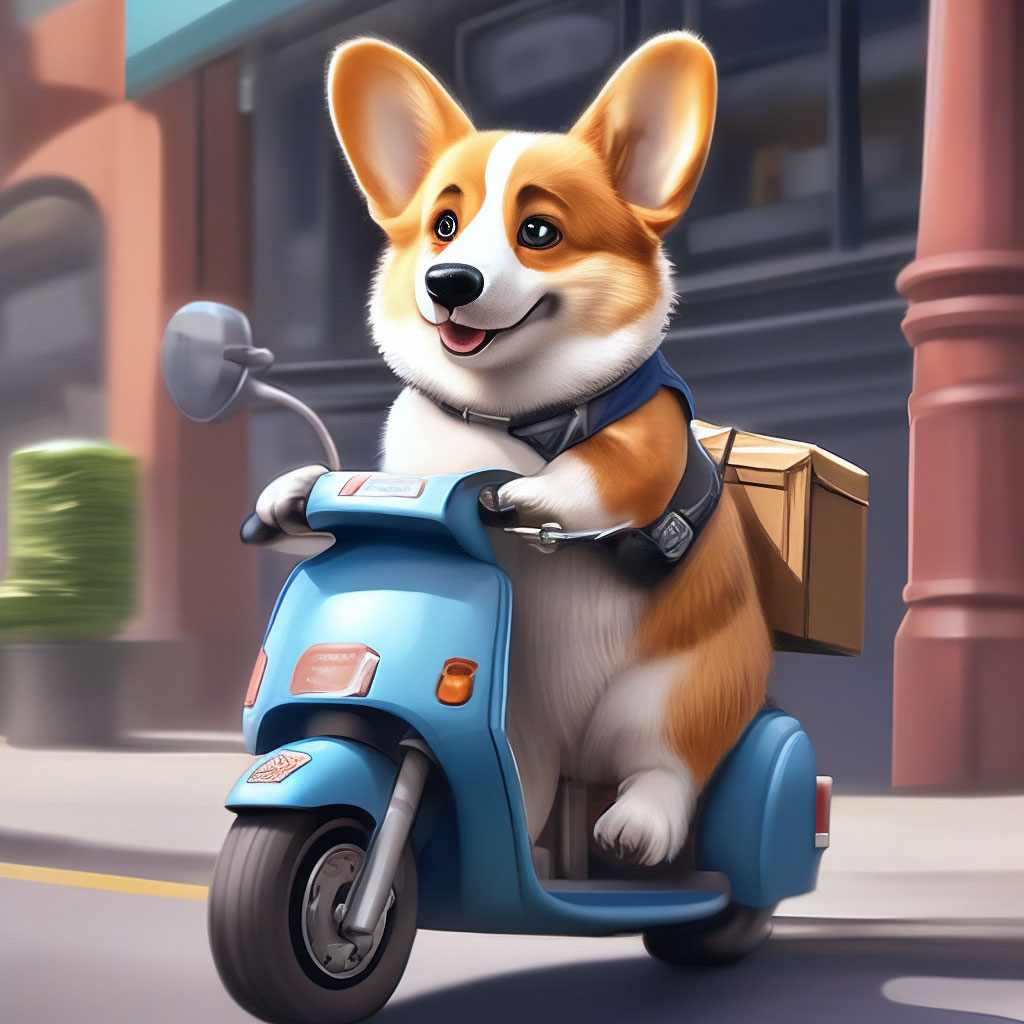 "Corgi courier on a scooter, pixar" — image created in Shedevrum