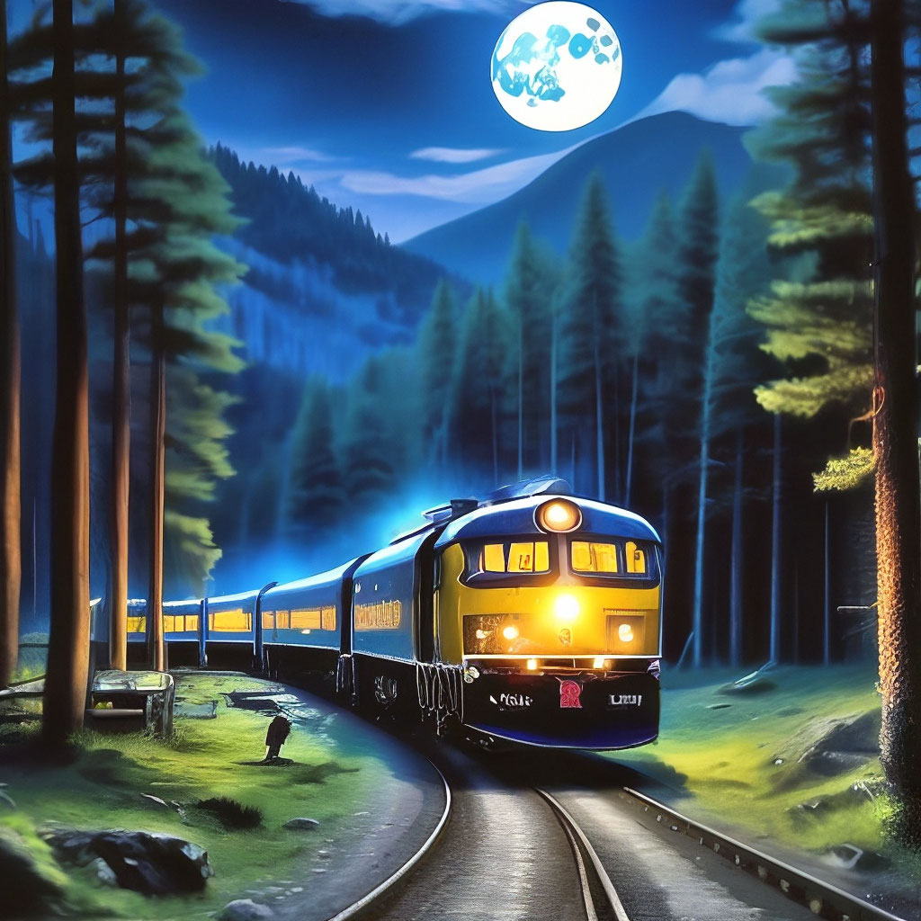 "Night train beautiful nature pine moon" — image created in Shedevrum