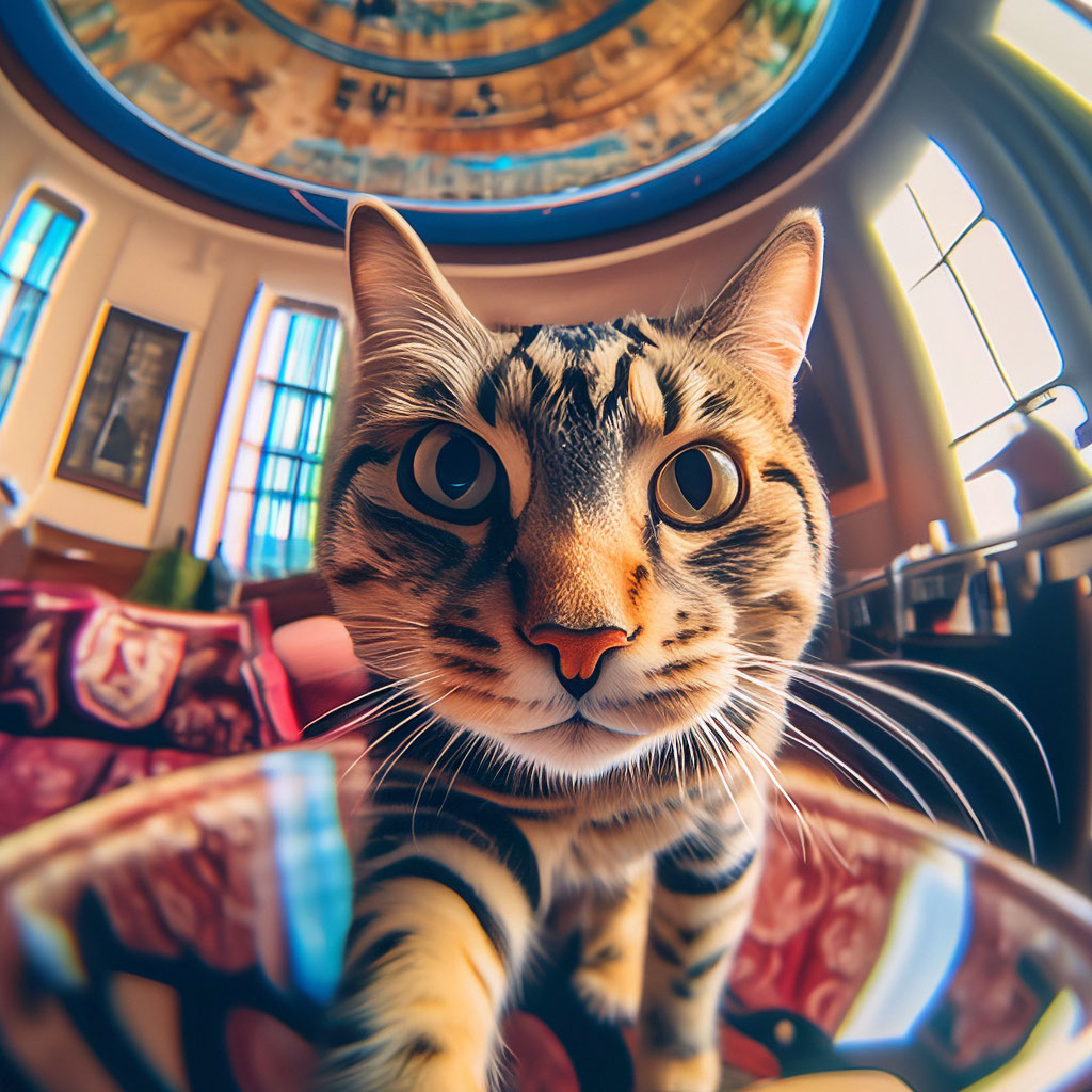 "Cat takes a selfie on the globe , fish eye , aesthetically pleasing ...