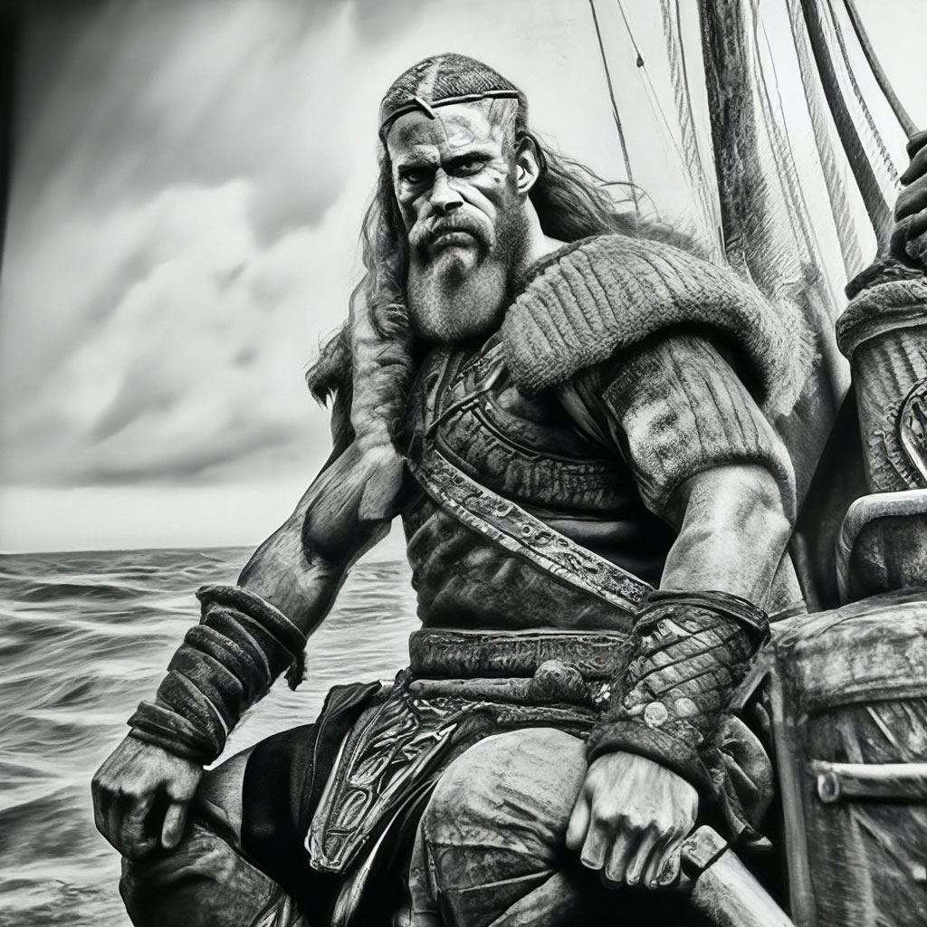 "Drawing pencil sketch viking on board drakar" — image created in Shedevrum