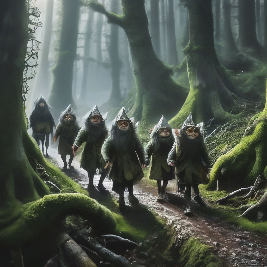 "Realism, forest, dark trees, scary, strange, thirteen dwarfs and one ...