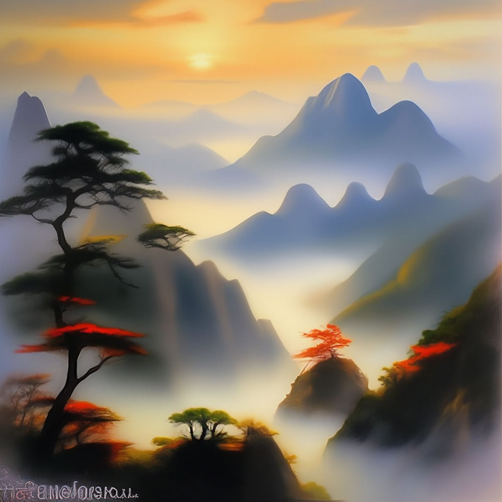 "Shi Baishi style Chinese painting, mountain landscape" — image created ...