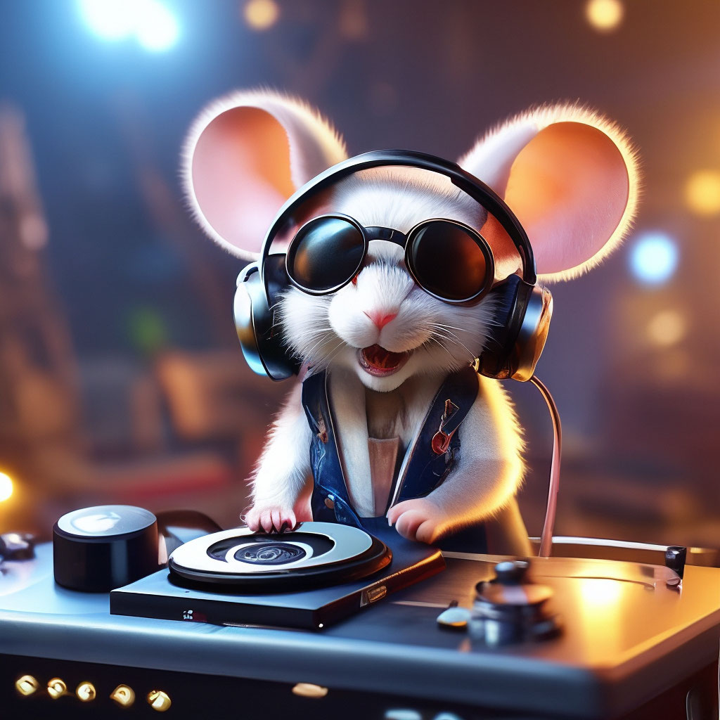 "Little mouse DJ in big headphones realistic photo" — image created in ...