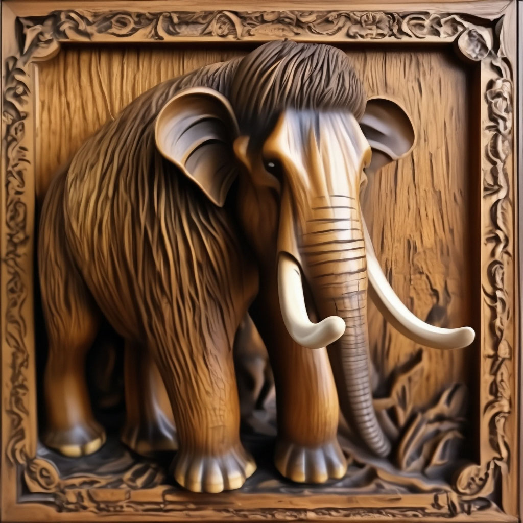 "Baby mammoth high relief wood carving aged" — image created in Shedevrum