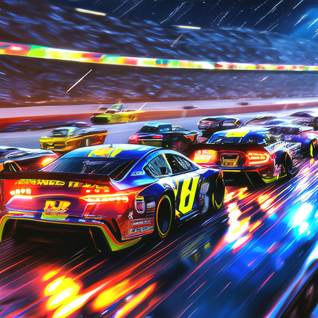"Nascar lap track racing, sparks, steam, glare, play of light and ...