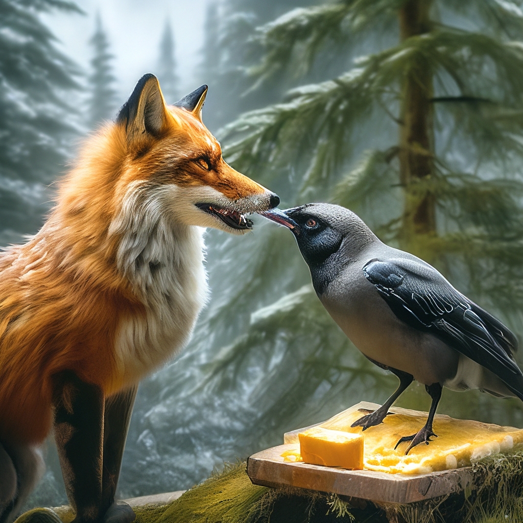 "A fox communicates with a Crow, a small piece of cheese, spruce ...